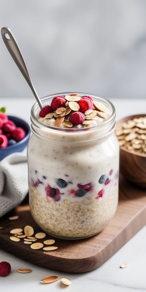 Delicious Overnight Oats with Fresh Fruits and Crunchy Toppings in Jars