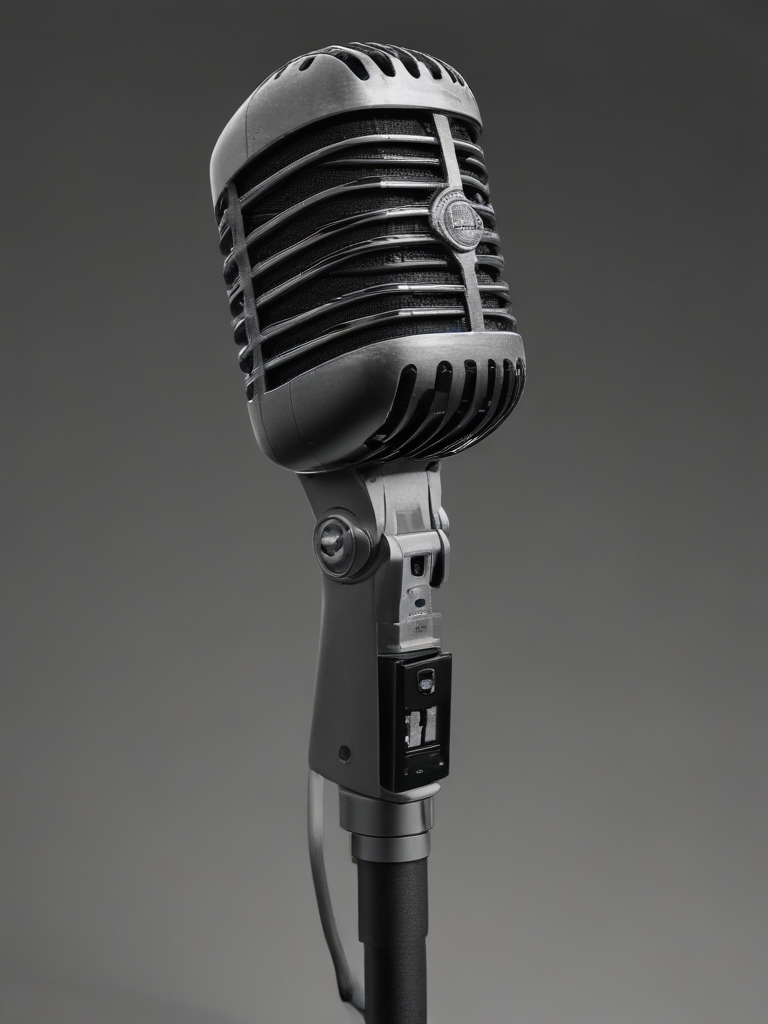 Classic Vintage Microphone Standing Tall Against a Simple Grey Background