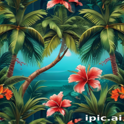 Tropical Paradise: Lush Palm Trees and Vibrant Hibiscus Flowers in Harmony.