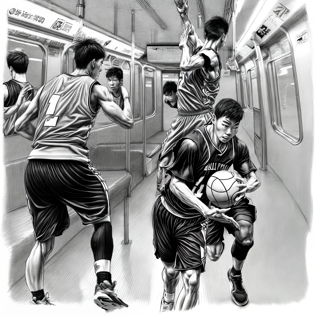 ONE PERSON ASIAN BASKETBALL PLAYER PLAYS BASKETBALL IN SUBWAY TRAIN ...