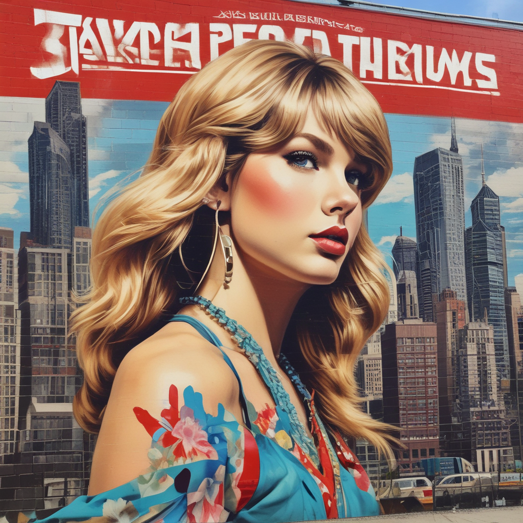 CCCP propaganda style building mural of Taylor Swift attending super bowl