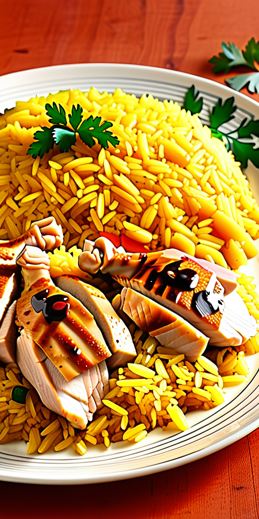 Delicious Grilled Chicken Served on a Bed of Flavorful Yellow Rice.