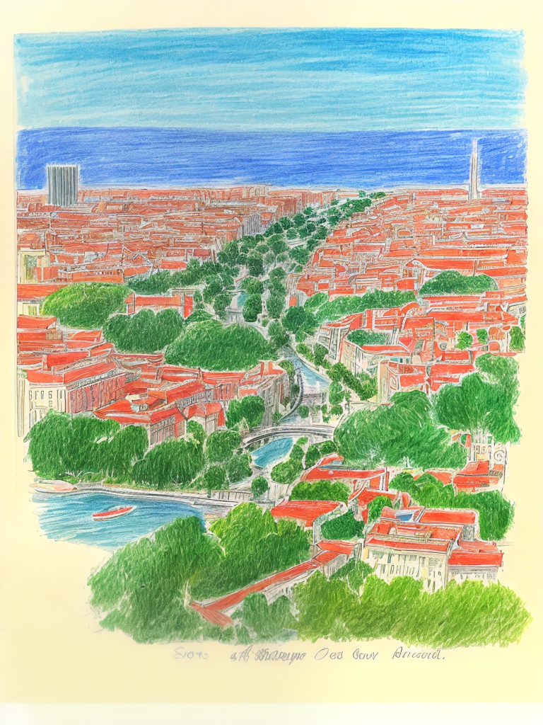 Drawing of a colored closeup view of a city