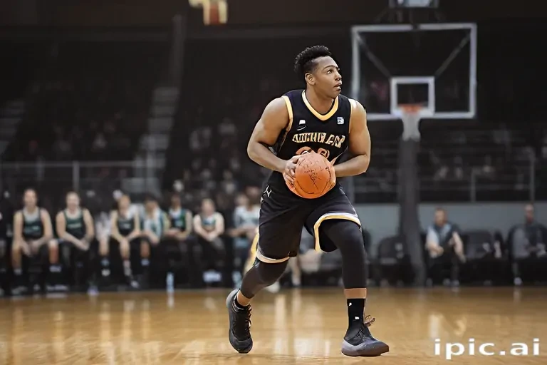 Determined Basketball Player Dribbling the Ball During Intense Game Moment