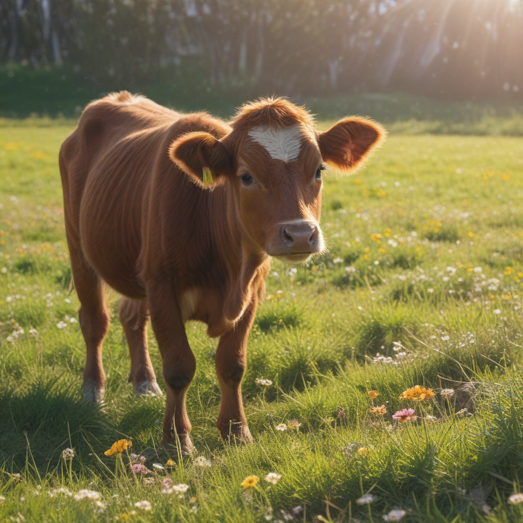 Brown baby cow spring in colorfull flower field snuffing flower ...