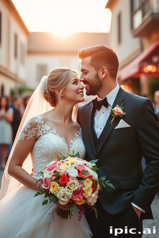 Joyful Bride and Groom Embrace at Their Beautiful Sunset Wedding Ceremony
