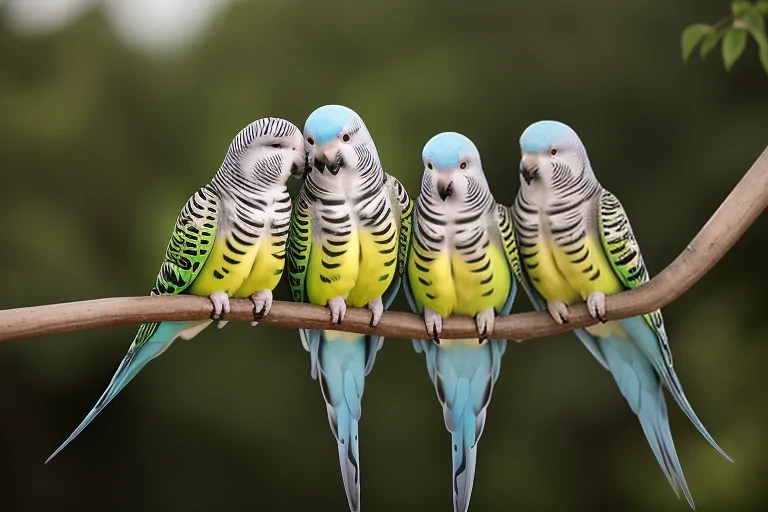 Four Colorful Budgerigars Perched Together on a Branch in Nature