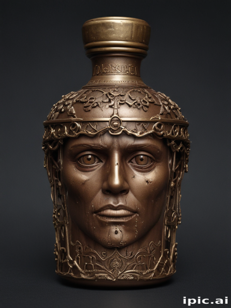 Intricately Designed Bronze Bottle Featuring a Regal Face and Ornate ...