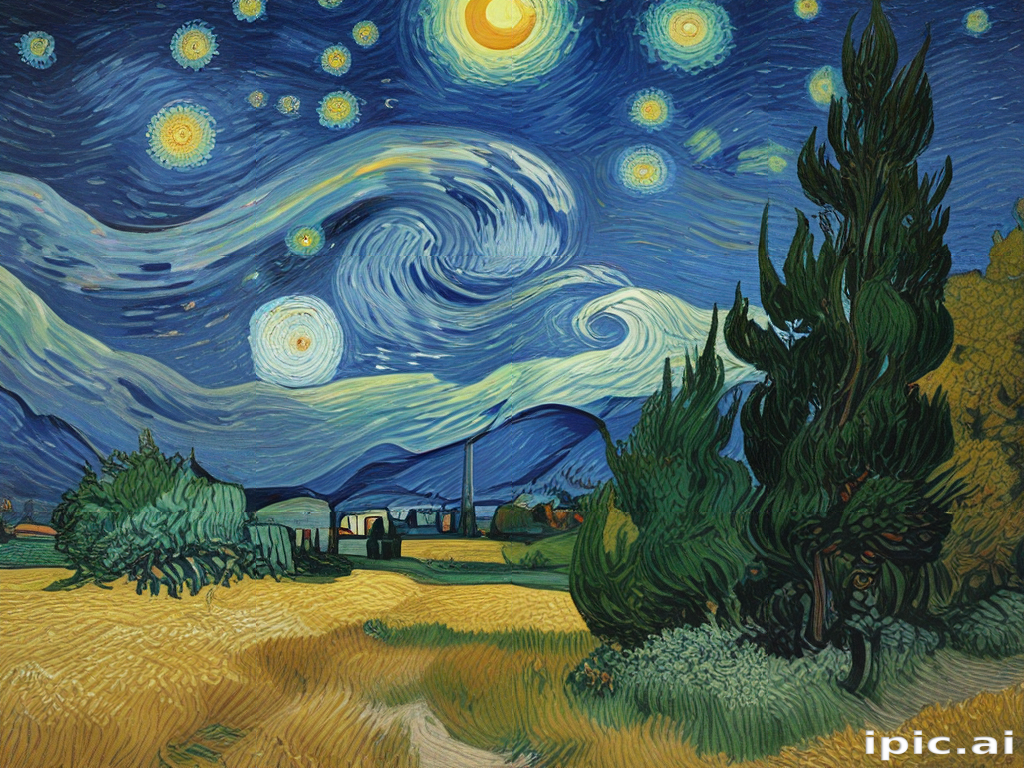 A Starry Night Sky Over Rolling Hills and Cypress Trees in Harmony.