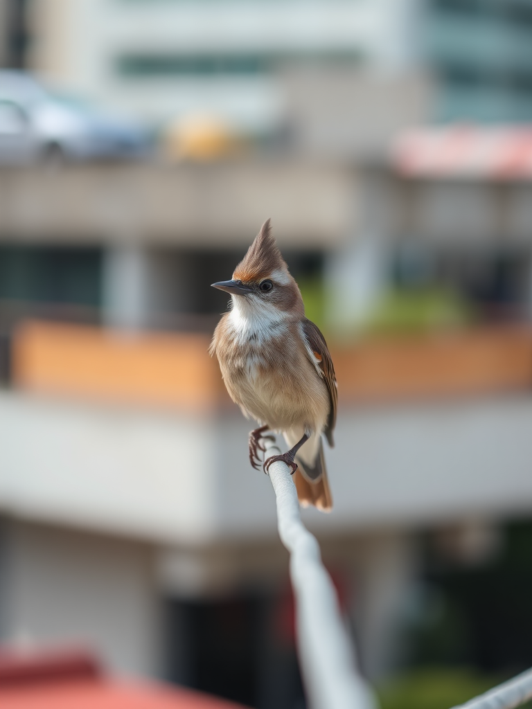 capture a close-up of a bird with a distinctive crest perched on a thin ...