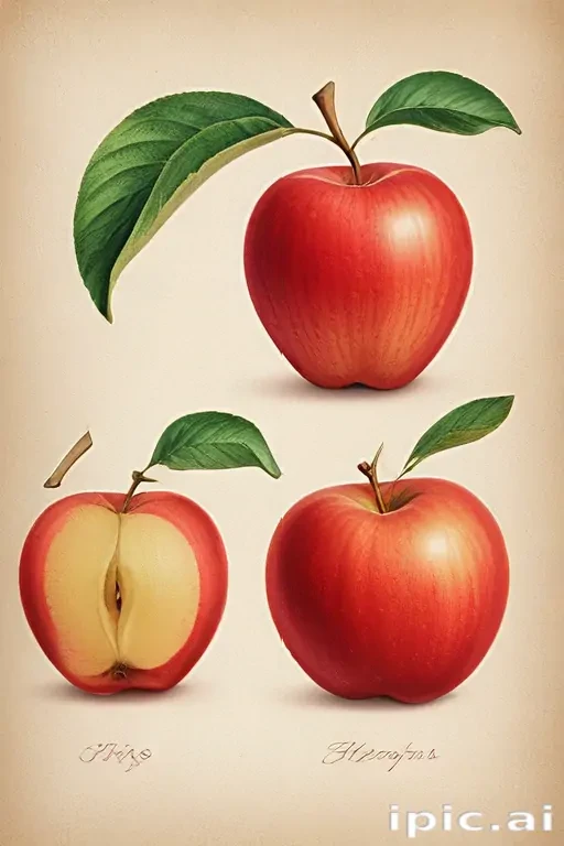 Detailed Illustration of a Red Apple: Whole, Halved, and Cut View