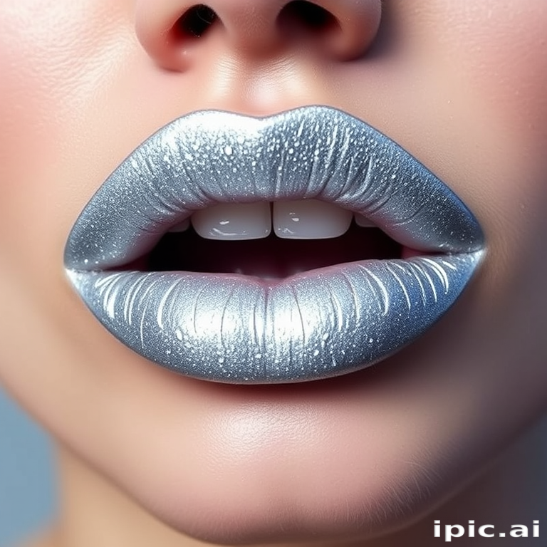 Stunning Close-Up of Metallic Silver Lips with Shimmering Glossy Finish