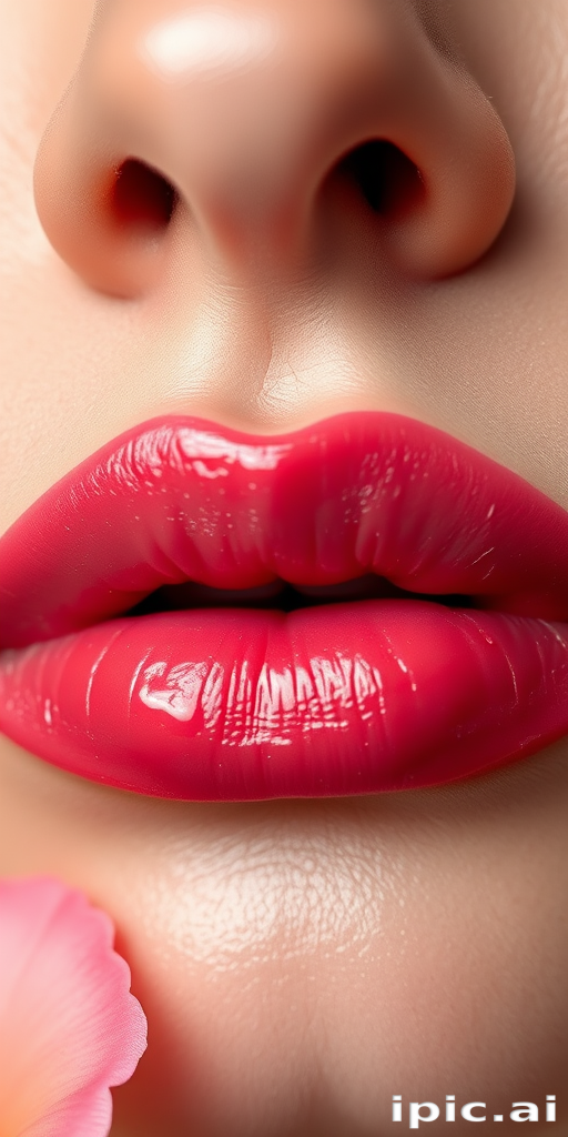 Close-Up of Glossy Pink Lips with a Flower, Exuding Summer Vibes