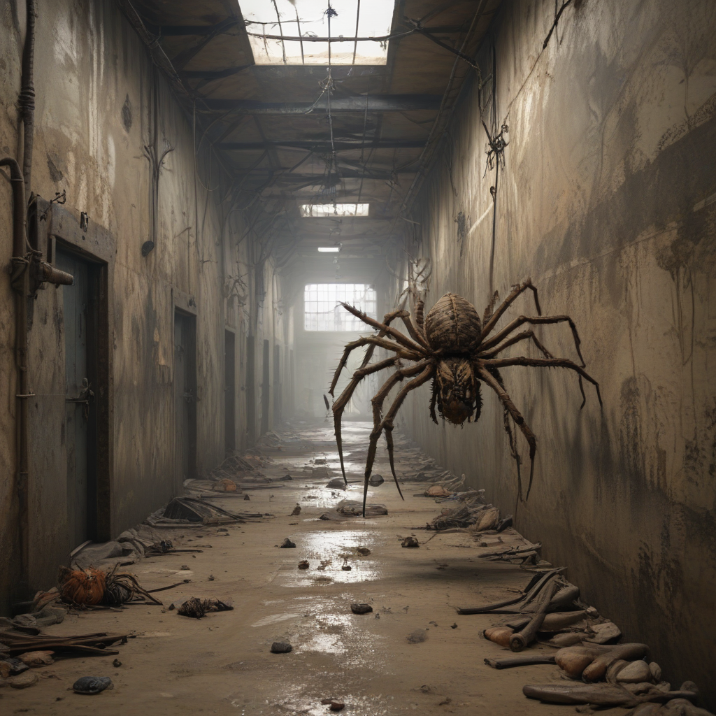 Post apocalyptic wallpapers with a horde of spiders on a prison