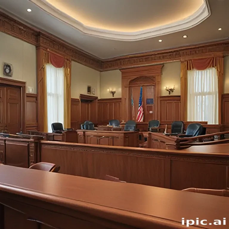 Interior View of a Traditional Courtroom with American Flag and Wooden ...