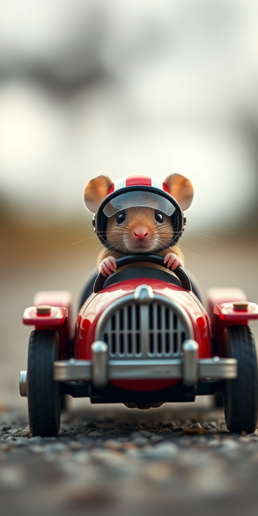 regenerate an image of a cute mouse wearing a helmet driving a vintage ...
