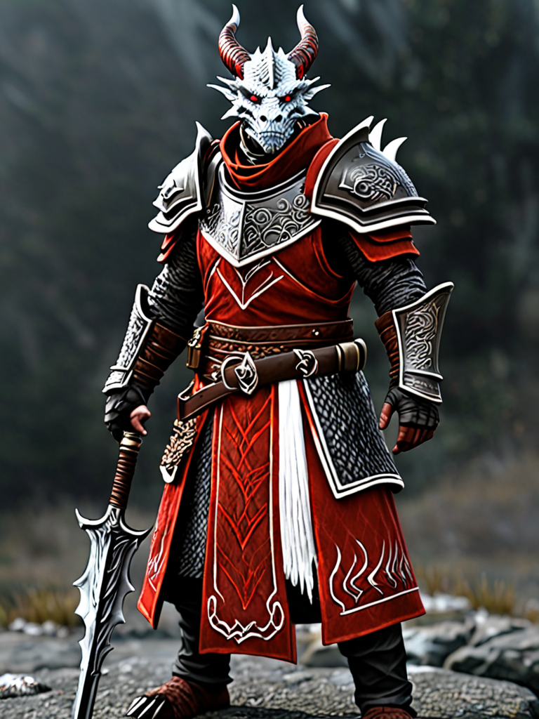 Dragonborn warlock with white scales and a red scar