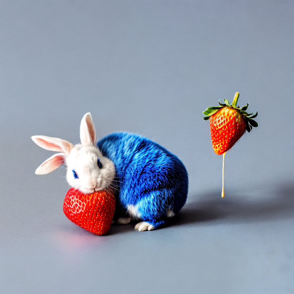 A blue-white rabbit eating strawberries