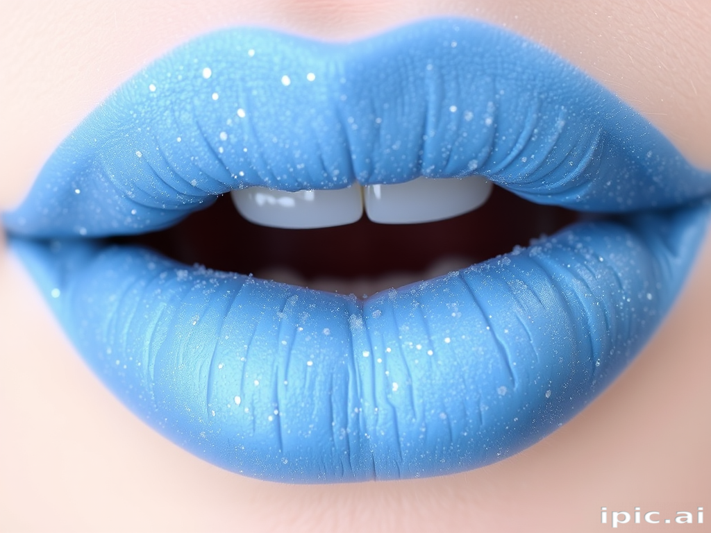 Close-Up of Beautifully Glossy Blue Lips with Sparkling Glitter Accents
