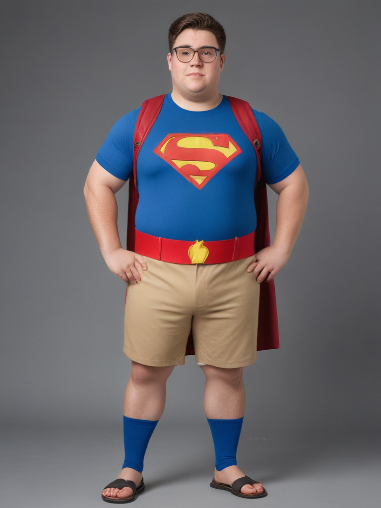 Realistic chubby college nerd guy, full body, realistic superhero ...