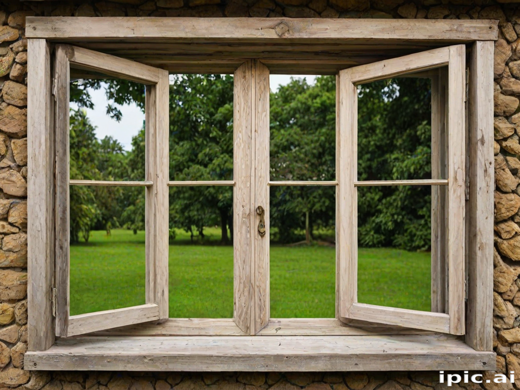 A Beautiful View Through a Rustic Wooden Window Framed by Nature