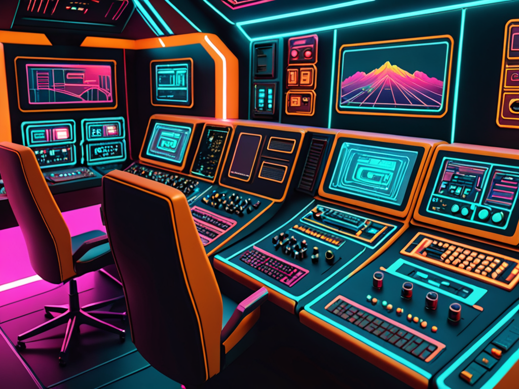 space ship controll console, retro computer and displays, cyberpunk ...