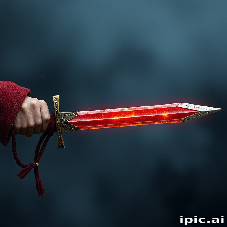 Hand Grips a Glowing Red Sword Amidst a Mysterious Dark Background