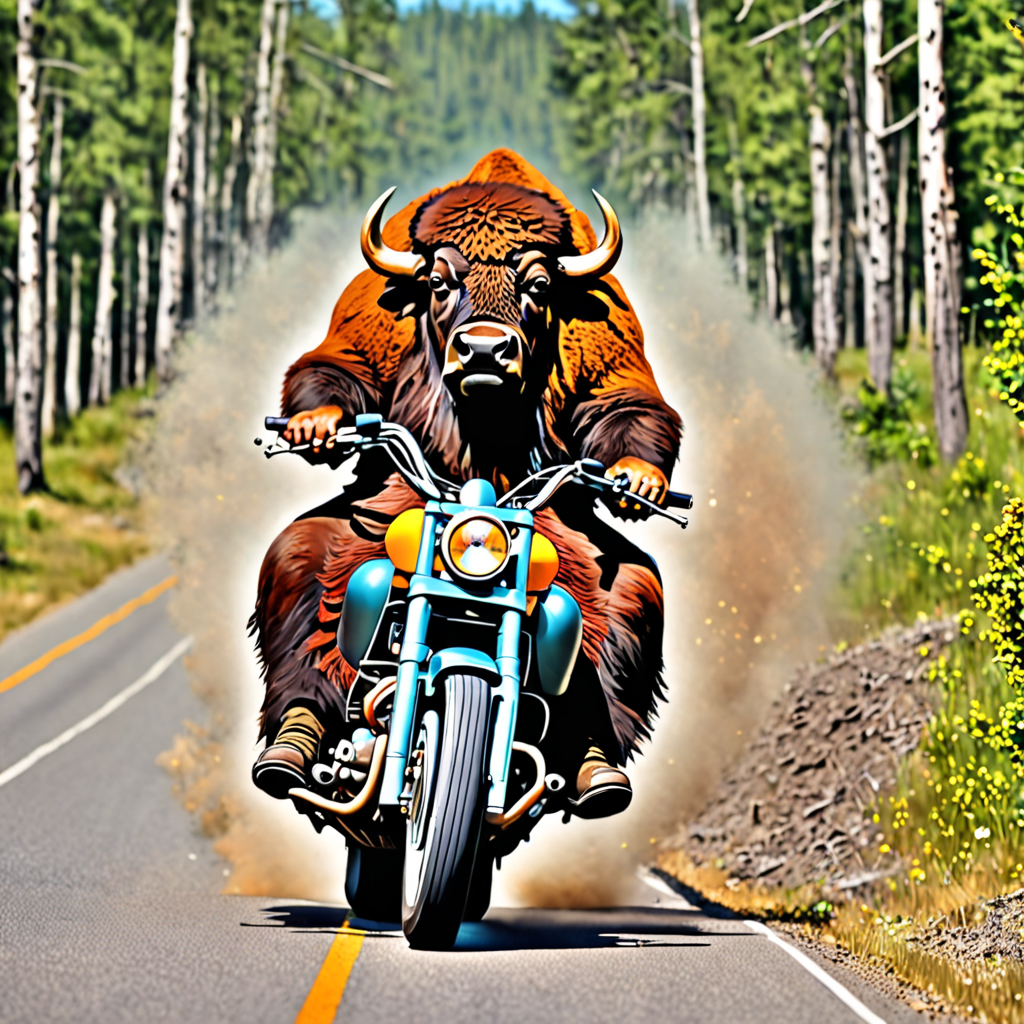 cartoon bison riding away on a motorcycle