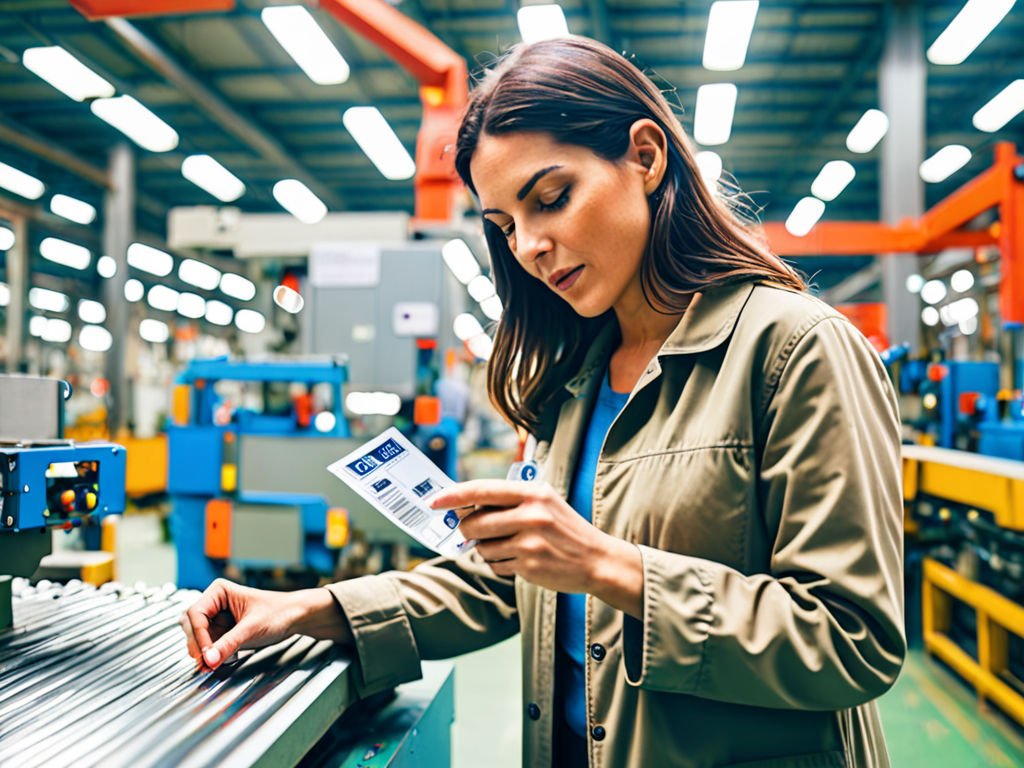 woman checking label on factory floor