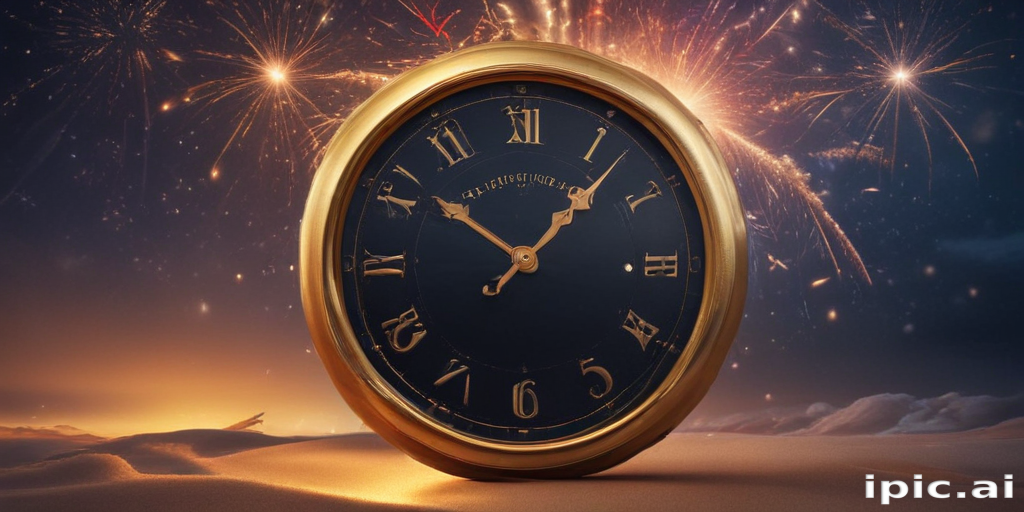 Elegant Clock Surrounded by Sparkling Fireworks in a Starry Night Sky
