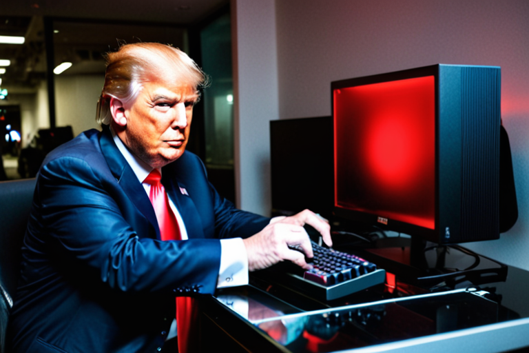 Donald Trump gaming on a high-tech gaming PC setup with red LED lights