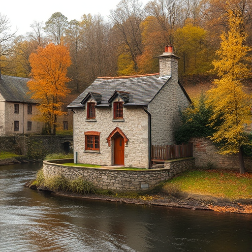 Regenerate an image of a quaint stone cottage by a riverbank surrounded ...