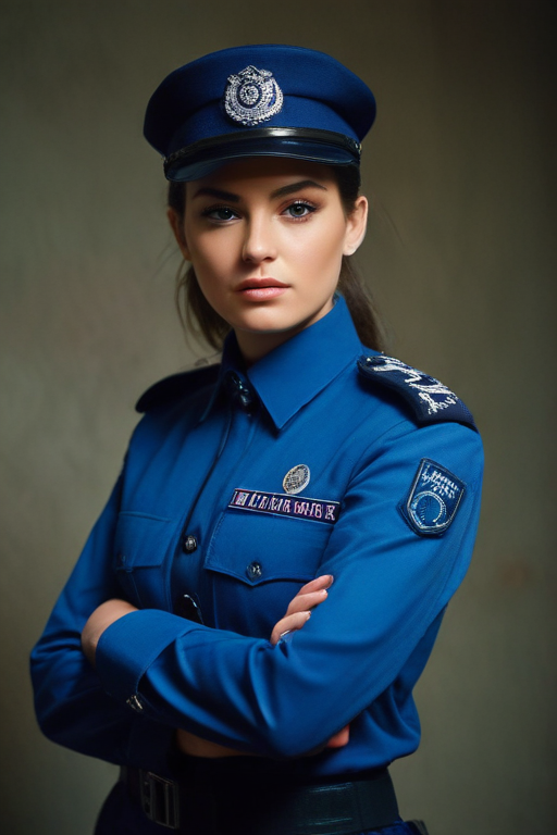 Persian lady constable with a ponytail, blue police uniform and a ...