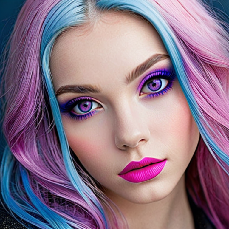 realistic model, with purple eyes, pink lips, blue hair, white skin