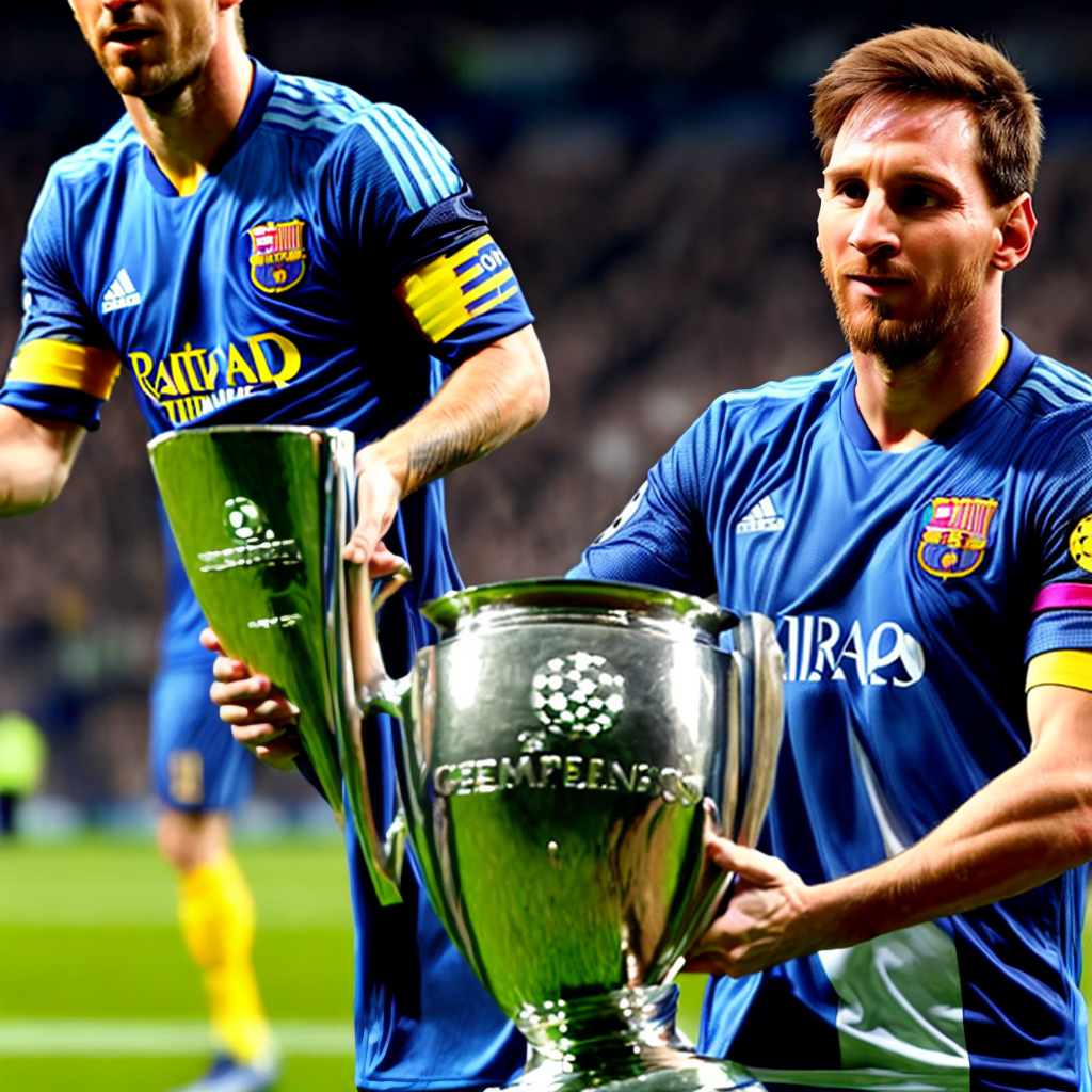 Messi Holding the UEFA Champions League trophy