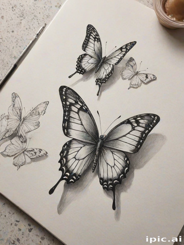 Intricate Pencil Sketch of Butterflies in Various Sizes and Poses