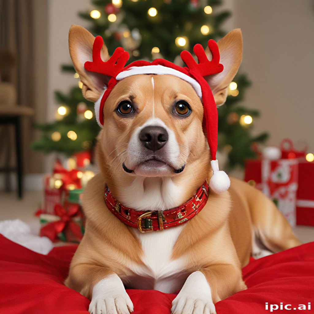 A Festively Dressed Dog in a Santa Hat and Reindeer Antlers by a ...