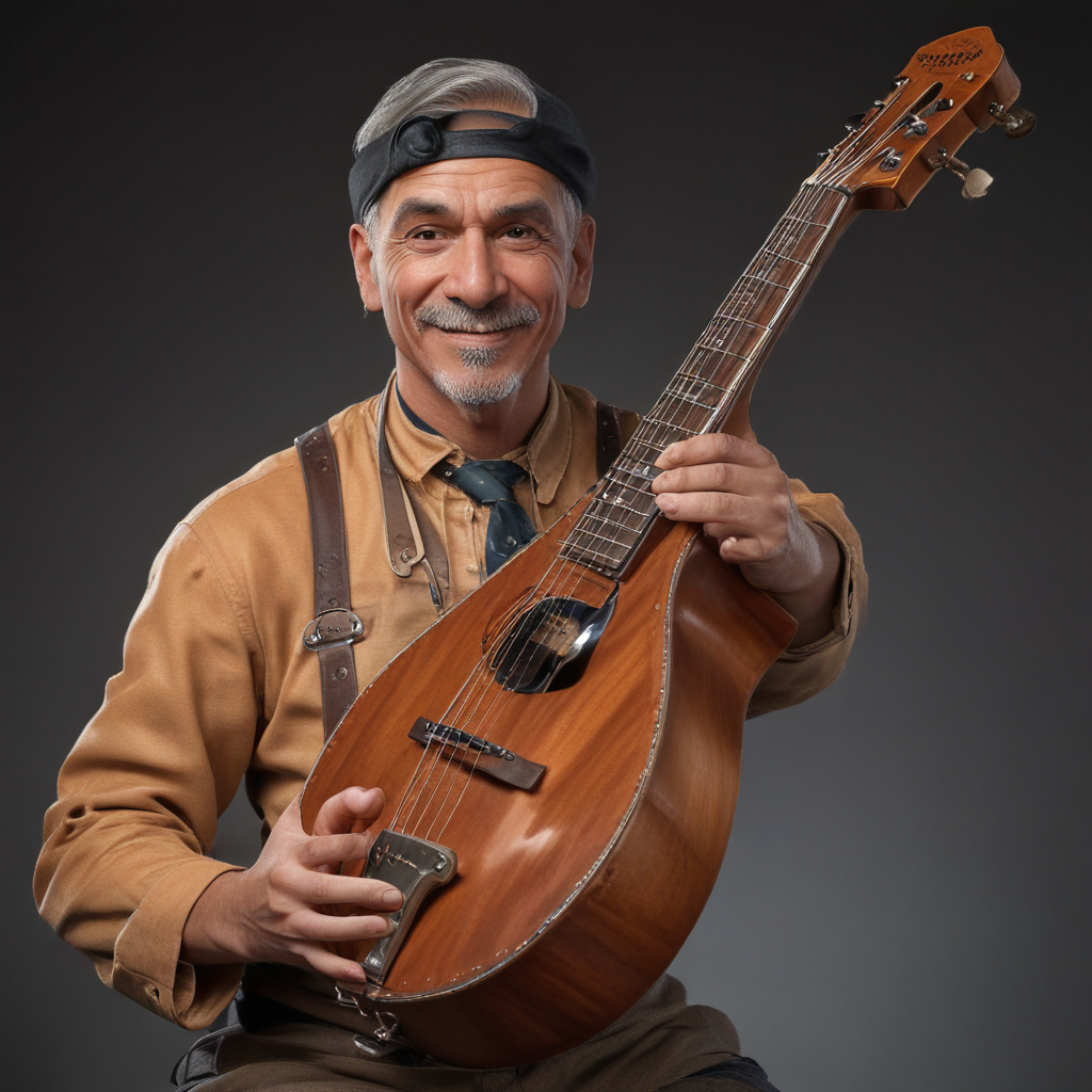 Joyful Musician Poses with Traditional Instrument in Studio Setting