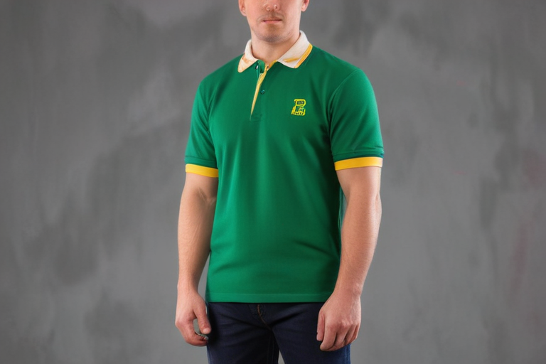 please create an image of a person in a green polo shirt with gold ...