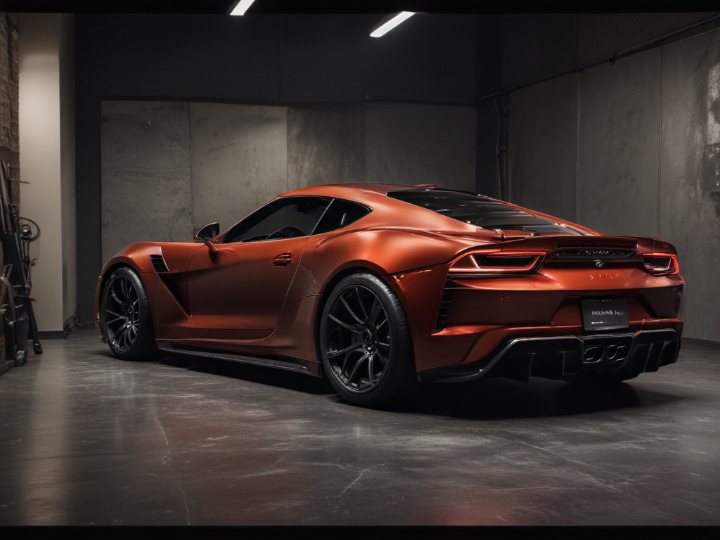 Stunning Orange Sports Car Showcased in a Modern Industrial Garage Setting