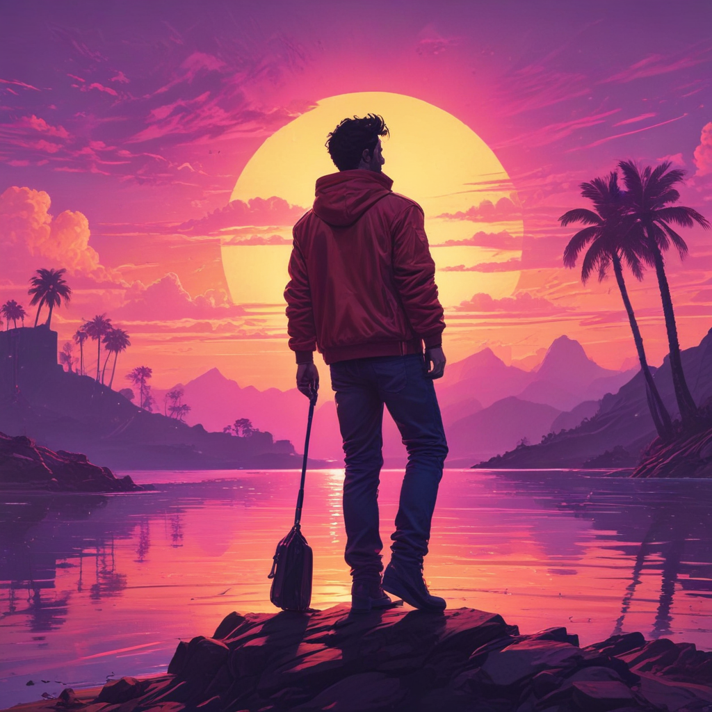 synthwave sunset man cartoon