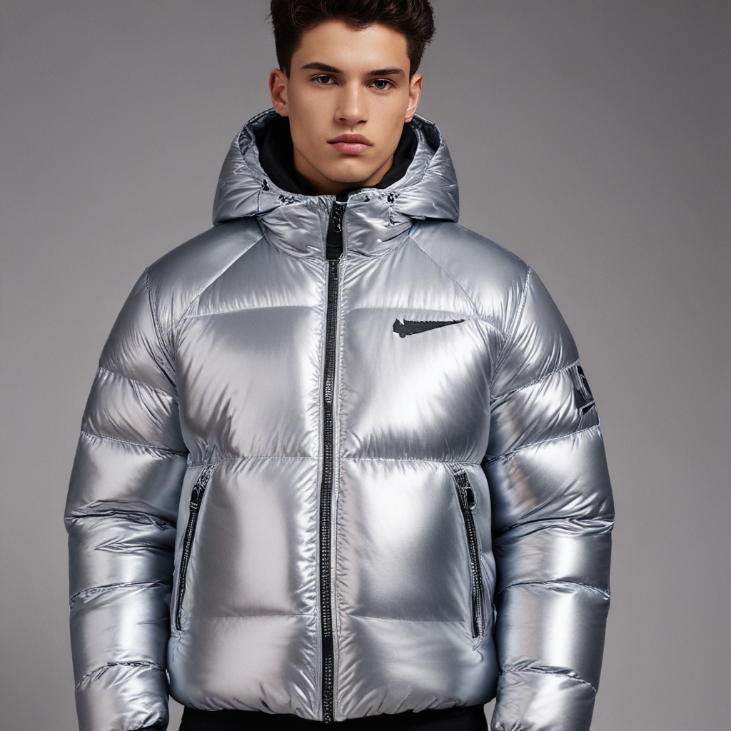 Male supermodel nike shiny puffer jacket bling jewellery hood