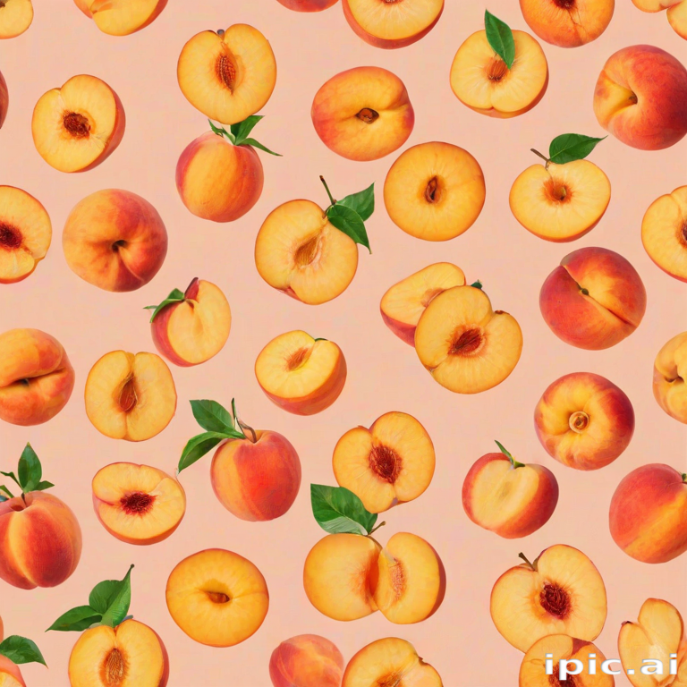 A Colorful Arrangement of Fresh Peaches and Their Juicy Halves.