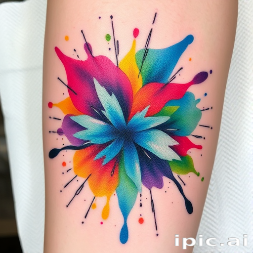 Vibrant Watercolor Flower Tattoo with Splashes of Color and Design