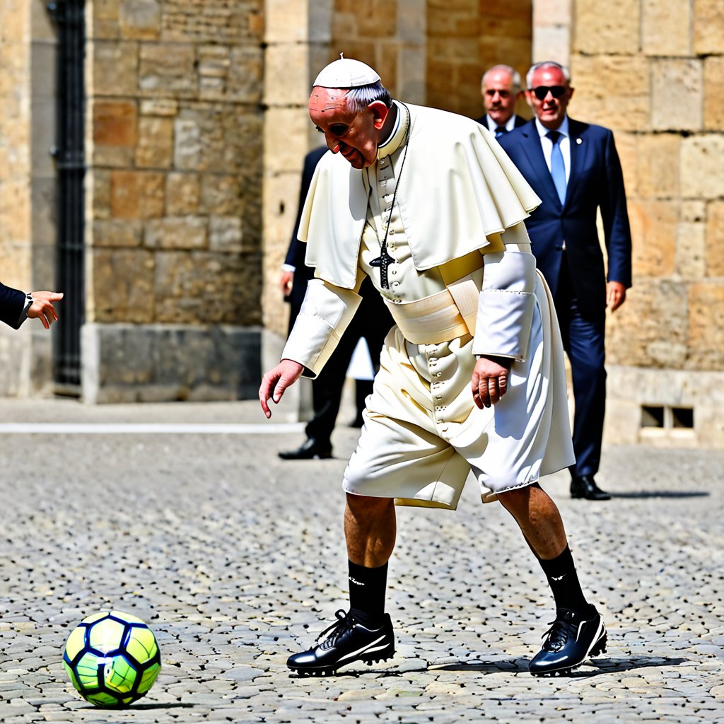 Pope Francis in shorts dribbles with a soccer ball