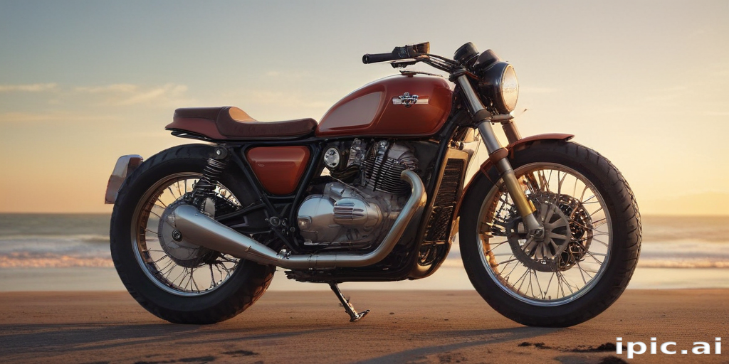 Classic Motorcycle Parked on the Beach at Sunset with Ocean Waves