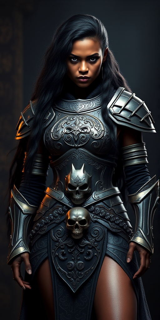 Fierce Warrior in Elaborate Armor Stands Ready for Battle in Shadows