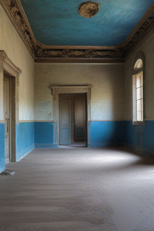 Wind different shades of blue in an empty ancient room