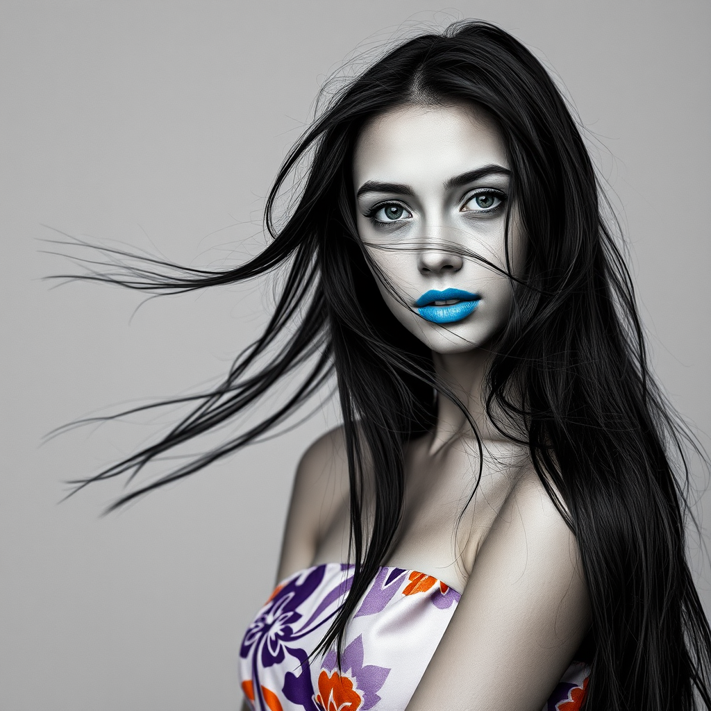 Striking Portrait of a Model with Bold Makeup and Flowing Hair