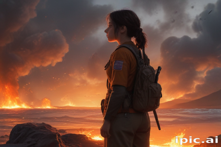 Brave Young Explorer Stands Against Fiery Volcanic Eruption at Dusk